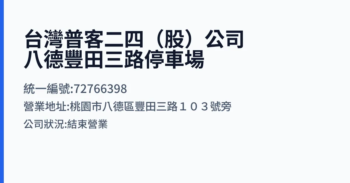 台灣普客二四（股）公司八德豐田三路停車場 - 統編 72766398(桃園市) 公司登記資料與營業項目詳細圖表