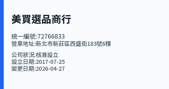 美買選品商行的照片-統編 72766833(新北市) 公司登記資料與營業項目詳細圖表