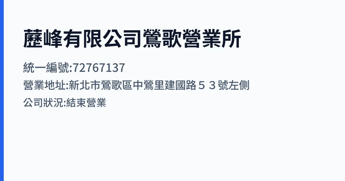 藶峰有限公司鶯歌營業所 - 統編 72767137(新北市) 公司登記資料與營業項目詳細圖表