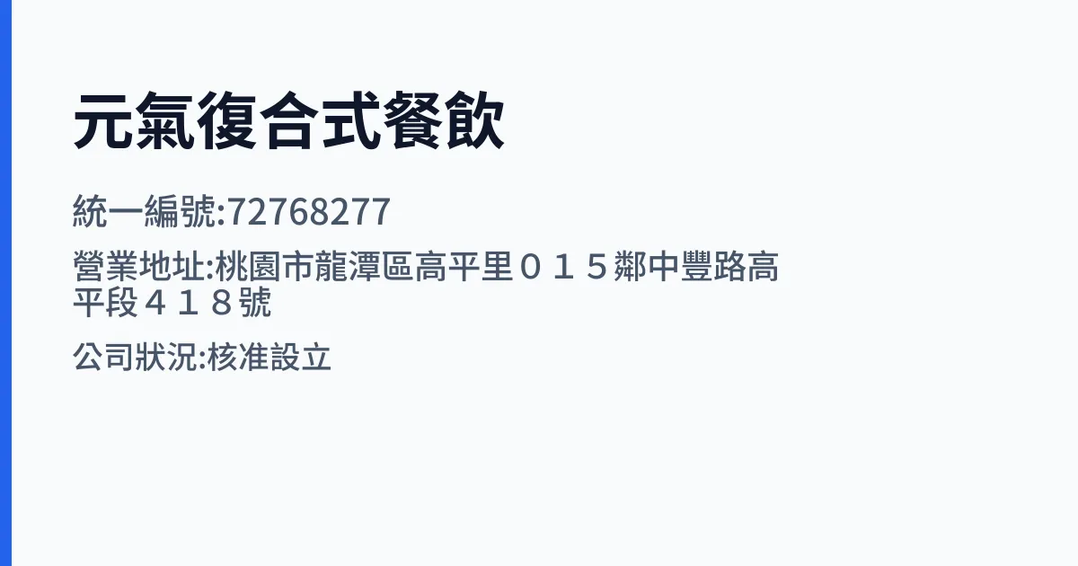 元氣復合式餐飲 - 統編 72768277(桃園市) 公司登記資料與營業項目詳細圖表