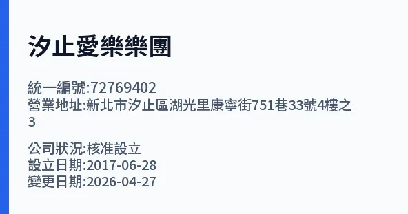 汐止愛樂樂團的照片-統編 72769402(新北市) 公司登記資料與營業項目詳細圖表