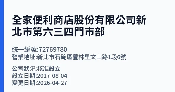 全家便利商店股份有限公司新北市第六三四門市部的照片-統編 72769780(新北市) 公司登記資料與營業項目詳細圖表