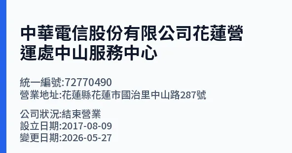 中華電信股份有限公司花蓮營運處中山服務中心的照片-統編 72770490(花蓮縣) 公司登記資料與營業項目詳細圖表