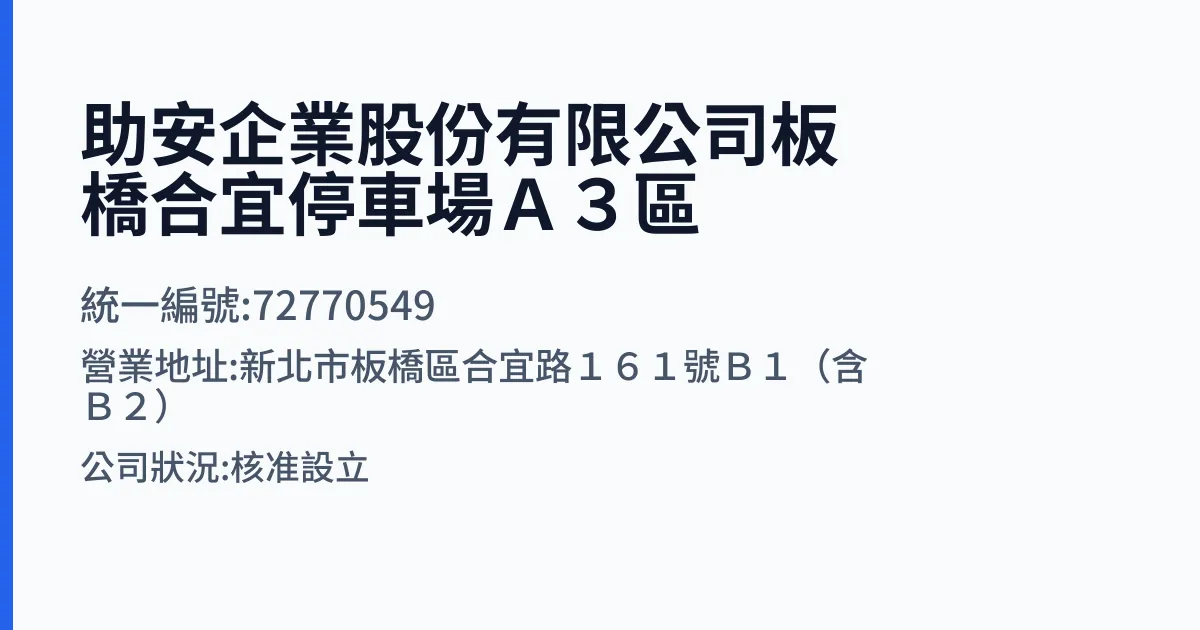 助安企業股份有限公司板橋合宜停車場Ａ３區 - 統編 72770549(新北市) 公司登記資料與營業項目詳細圖表