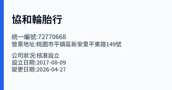 協和輪胎行的照片-統編 72770668(桃園市) 公司登記資料與營業項目詳細圖表
