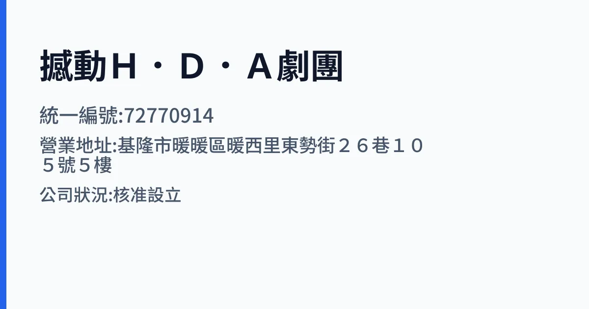 撼動Ｈ．Ｄ．Ａ劇團 - 統編 72770914（基隆市） 公司登記資料與營業項目詳細圖表