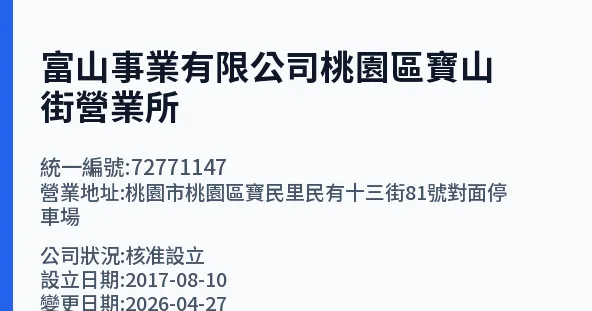富山事業有限公司桃園區寶山街營業所的照片-統編 72771147(桃園市) 公司登記資料與營業項目詳細圖表
