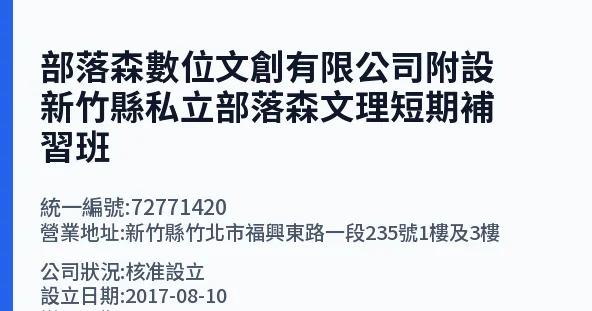 部落森數位文創有限公司附設新竹縣私立部落森文理短期補習班的照片-統編 72771420(新竹縣) 公司登記資料與營業項目詳細圖表