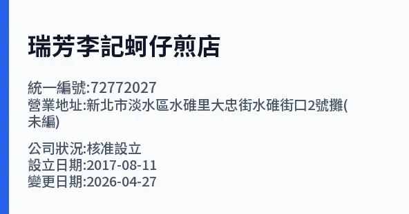 瑞芳李記蚵仔煎店的照片-統編 72772027(新北市) 公司登記資料與營業項目詳細圖表