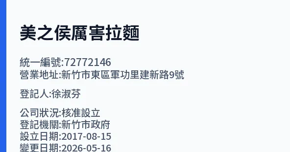 美之侯厲害拉麵的照片-統編 72772146(新竹市) 公司登記資料與營業項目詳細圖表