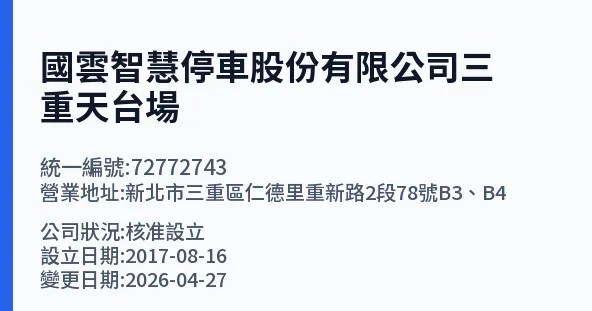 國雲智慧停車股份有限公司三重天台場的照片-統編 72772743(新北市) 公司登記資料與營業項目詳細圖表