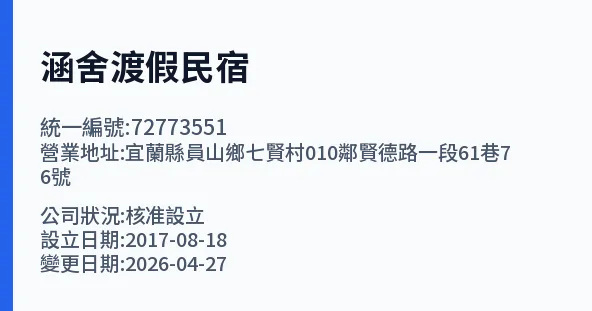 涵舍渡假民宿的照片-統編 72773551(宜蘭縣) 公司登記資料與營業項目詳細圖表