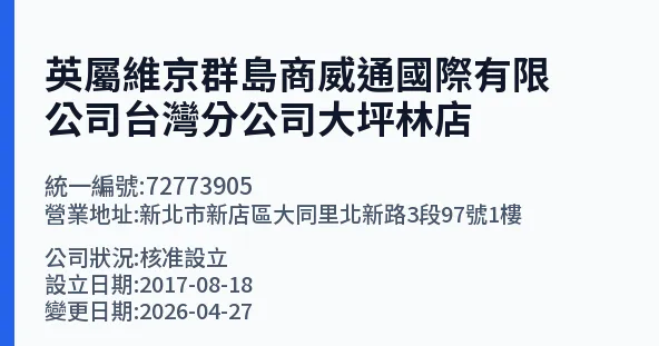 英屬維京群島商威通國際有限公司台灣分公司大坪林店的照片-統編 72773905(新北市) 公司登記資料與營業項目詳細圖表