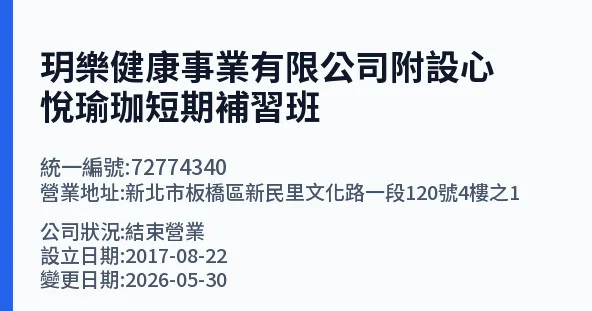玥樂健康事業有限公司附設心悅瑜珈短期補習班的照片-統編 72774340(新北市) 公司登記資料與營業項目詳細圖表