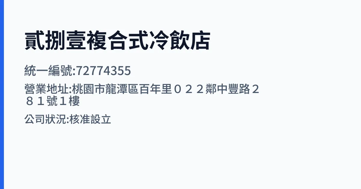 貳捌壹複合式冷飲店 - 統編 72774355(桃園市) 公司登記資料與營業項目詳細圖表