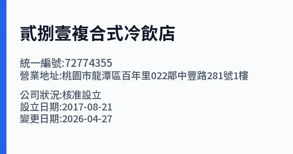 貳捌壹複合式冷飲店的照片-統編 72774355(桃園市) 公司登記資料與營業項目詳細圖表