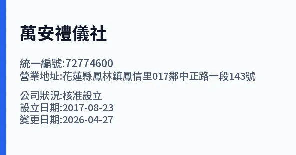 萬安禮儀社的照片-統編 72774600(花蓮縣) 公司登記資料與營業項目詳細圖表