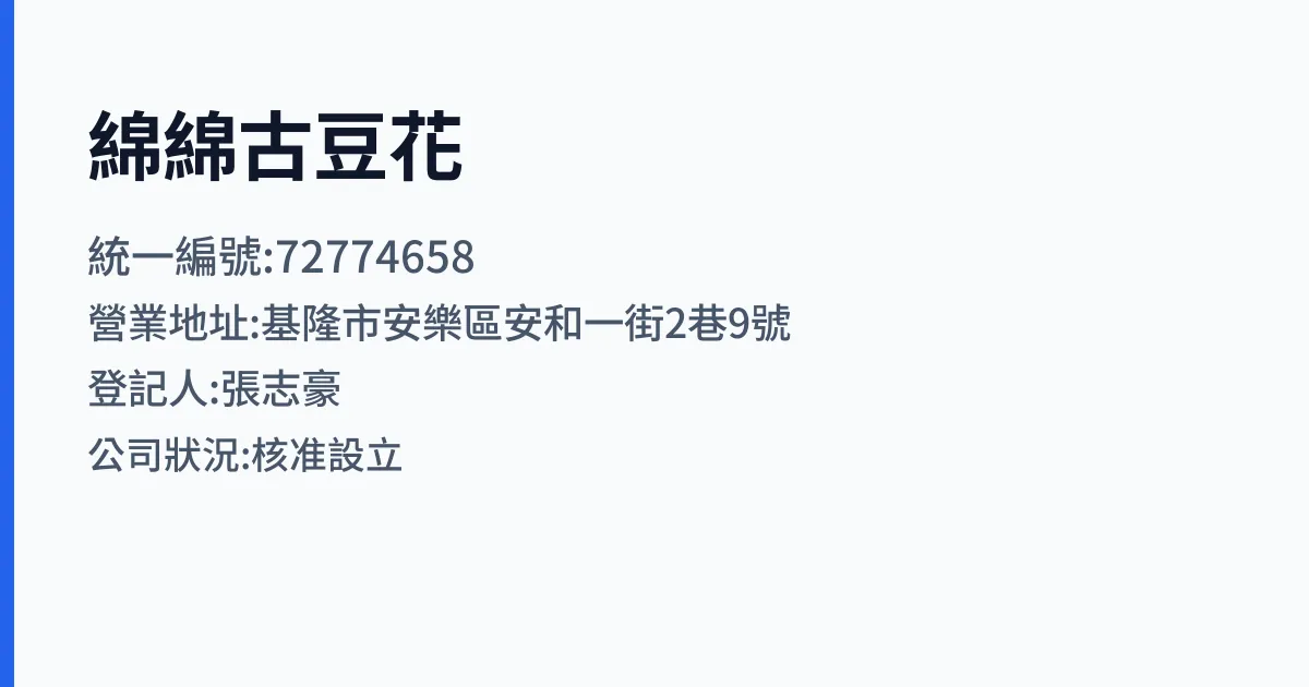 綿綿古豆花 - 統編 72774658(基隆市) 公司登記資料與營業項目詳細圖表