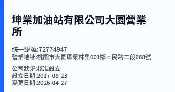 坤業加油站有限公司大園營業所的照片-統編 72774947(桃園市) 公司登記資料與營業項目詳細圖表