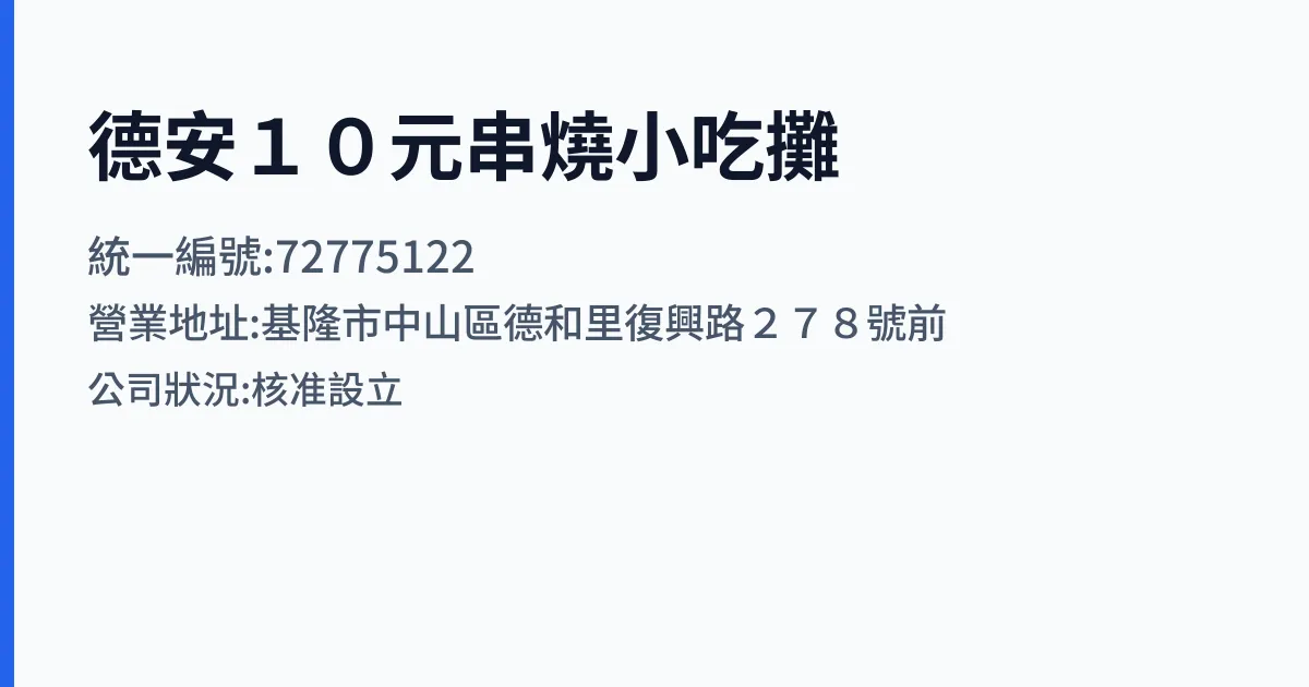 德安１０元串燒小吃攤 - 統編 72775122(基隆市) 公司登記資料與營業項目詳細圖表