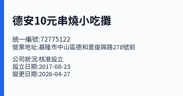 德安10元串燒小吃攤的照片-統編 72775122(基隆市) 公司登記資料與營業項目詳細圖表