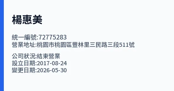 楊惠美的照片-統編 72775283(桃園市) 公司登記資料與營業項目詳細圖表