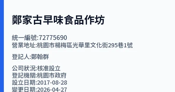 鄭家古早味食品作坊的照片-統編 72775690(桃園市) 公司登記資料與營業項目詳細圖表