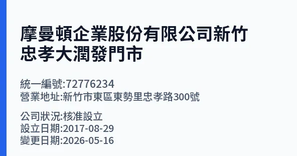 摩曼頓企業股份有限公司新竹忠孝大潤發門市的照片-統編 72776234(新竹市) 公司登記資料與營業項目詳細圖表