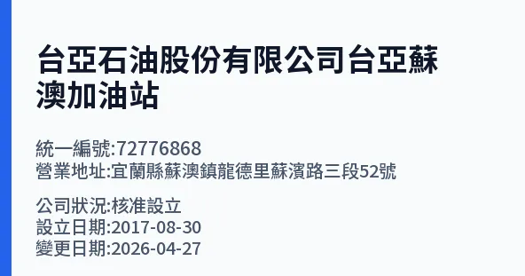 台亞石油股份有限公司台亞蘇澳加油站的照片-統編 72776868(宜蘭縣) 公司登記資料與營業項目詳細圖表