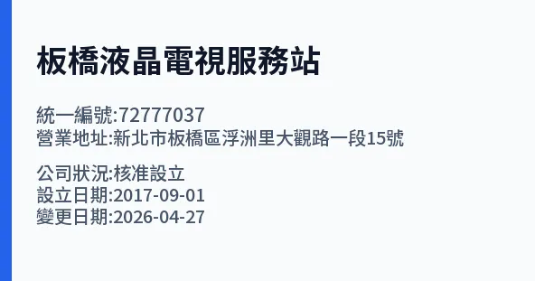 板橋液晶電視服務站的照片-統編 72777037(新北市) 公司登記資料與營業項目詳細圖表