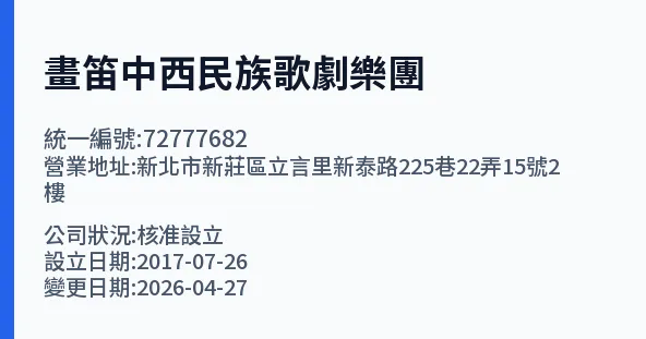 畫笛中西民族歌劇樂團的照片-統編 72777682(新北市) 公司登記資料與營業項目詳細圖表