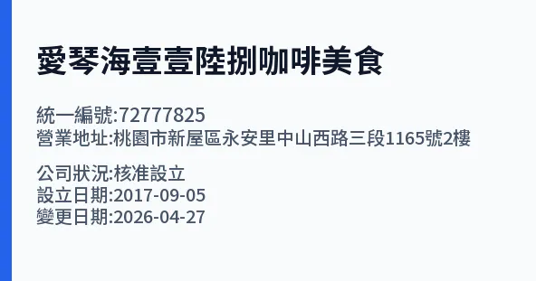 愛琴海壹壹陸捌咖啡美食的照片-統編 72777825(桃園市) 公司登記資料與營業項目詳細圖表
