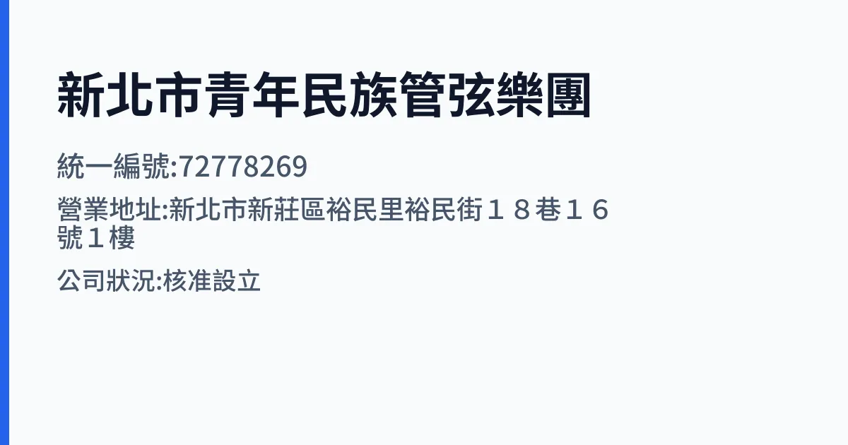 新北市青年民族管弦樂團 - 統編 72778269（新北市） 公司登記資料與營業項目詳細圖表