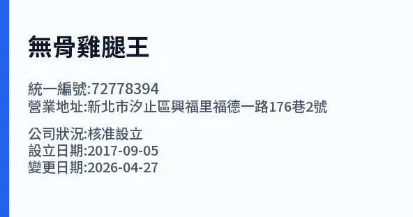 無骨雞腿王的照片-統編 72778394(新北市) 公司登記資料與營業項目詳細圖表