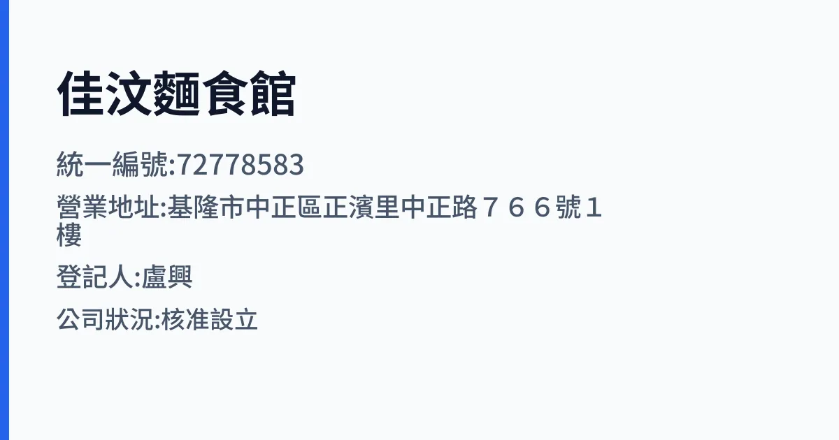 佳汶麵食館 - 統編 72778583(基隆市) 公司登記資料與營業項目詳細圖表