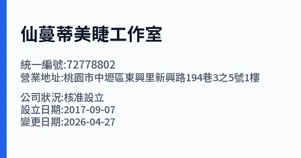 仙蔓蒂美睫工作室的照片-統編 72778802(桃園市) 公司登記資料與營業項目詳細圖表