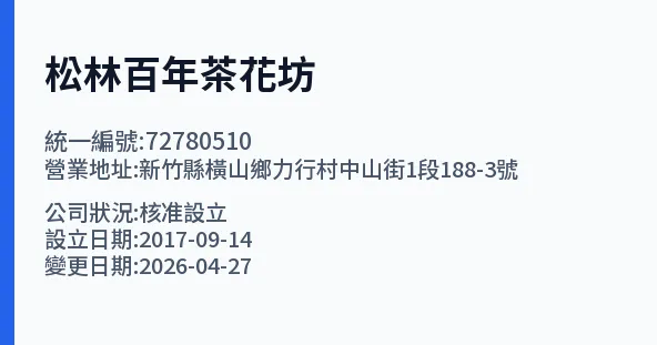 松林百年茶花坊的照片-統編 72780510(新竹縣) 公司登記資料與營業項目詳細圖表