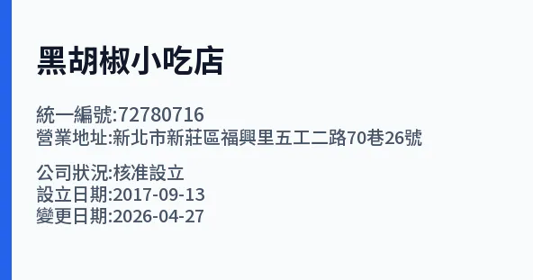 黑胡椒小吃店的照片-統編 72780716(新北市) 公司登記資料與營業項目詳細圖表