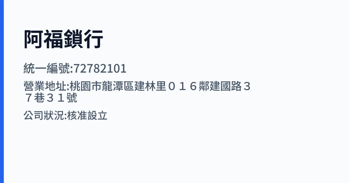 阿福鎖行 - 統編 72782101(桃園市) 公司登記資料與營業項目詳細圖表