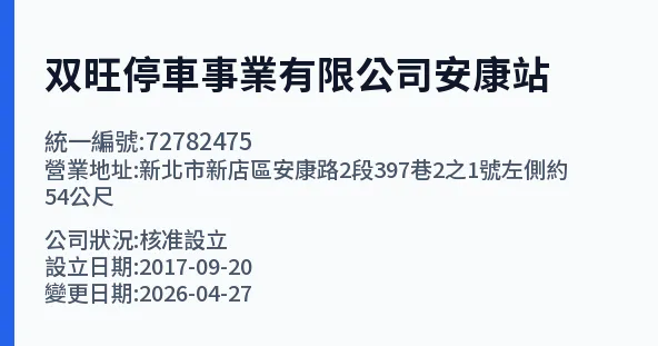双旺停車事業有限公司安康站的照片-統編 72782475(新北市) 公司登記資料與營業項目詳細圖表
