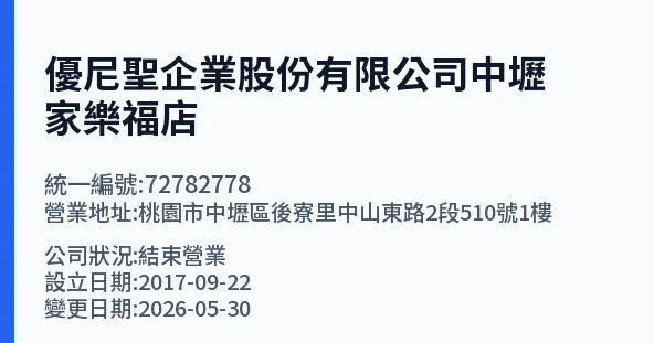 優尼聖企業股份有限公司中壢家樂福店的照片-統編 72782778(桃園市) 公司登記資料與營業項目詳細圖表