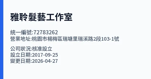 雅聆髮藝工作室的照片-統編 72783262(桃園市) 公司登記資料與營業項目詳細圖表