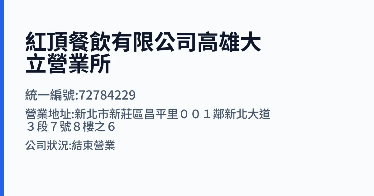 紅頂餐飲有限公司高雄大立營業所 - 統編 72784229(新北市) 公司登記資料與營業項目詳細圖表