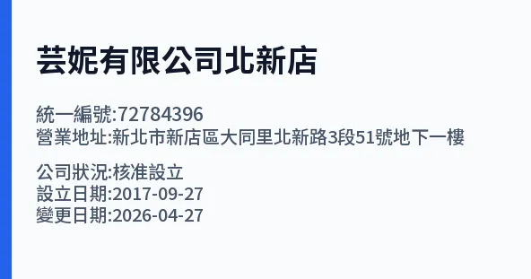 芸妮有限公司北新店的照片-統編 72784396(新北市) 公司登記資料與營業項目詳細圖表