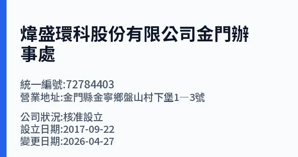 煒盛環科股份有限公司金門辦事處的照片-統編 72784403(金門縣) 公司登記資料與營業項目詳細圖表