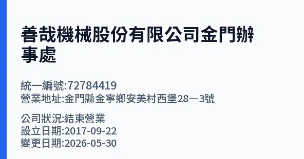 善哉機械股份有限公司金門辦事處的照片-統編 72784419(金門縣) 公司登記資料與營業項目詳細圖表