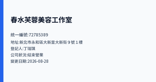 春水芙蓉美容工作室的照片-統編 72785389(新北市) 公司登記資料與營業項目詳細圖表