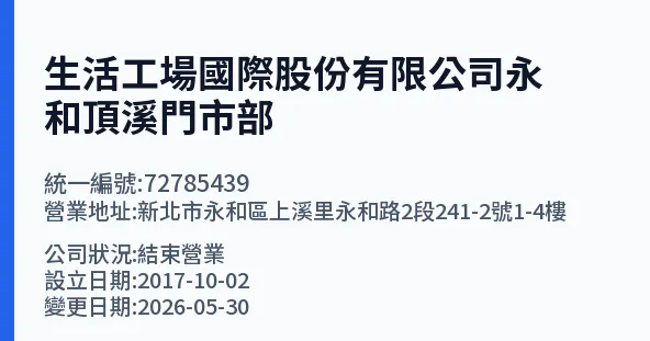生活工場國際股份有限公司永和頂溪門市部的照片-統編 72785439(新北市) 公司登記資料與營業項目詳細圖表