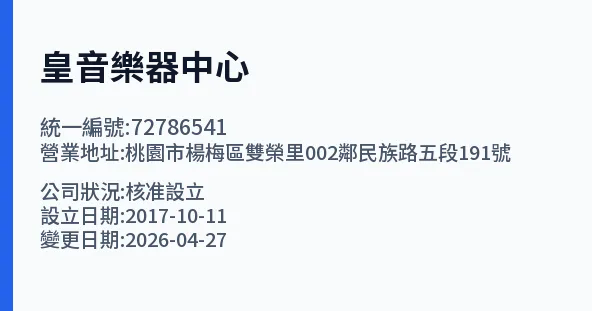 皇音樂器中心的照片-統編 72786541(桃園市) 公司登記資料與營業項目詳細圖表