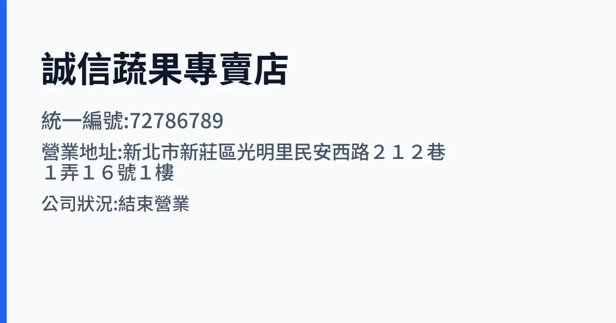 誠信蔬果專賣店 - 統編 72786789(新北市) 公司登記資料與營業項目詳細圖表